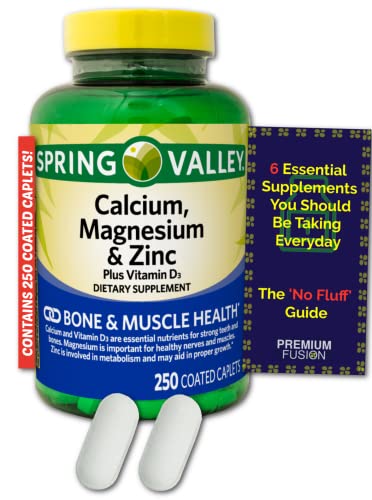 Calcium Magnesium & Zinc Plus - Vitamin D3 Coated Caplets | 250 Caplets | Spring Valley - Healthy Bones, Teeth, Nerve, Muscle, Heart & Immune Function + Vitamin Pouch and Guide to Supplements