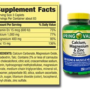 Calcium Magnesium & Zinc Plus - Vitamin D3 Coated Caplets | 250 Caplets | Spring Valley - Healthy Bones, Teeth, Nerve, Muscle, Heart & Immune Function + Vitamin Pouch and Guide to Supplements