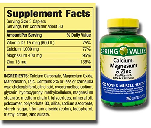 Calcium Magnesium & Zinc Plus - Vitamin D3 Coated Caplets | 250 Caplets | Spring Valley - Healthy Bones, Teeth, Nerve, Muscle, Heart & Immune Function + Vitamin Pouch and Guide to Supplements