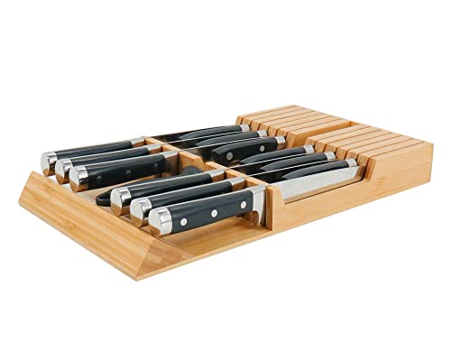 Utoplike in-Drawer Knife Block Bamboo Kitchen Knife Drawer Organizer,Large Handle Steak Knife Holder Without Knives, fit for 12 Knives and 1 Sharpening Steel