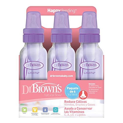 Dr. Brown's Girls' 6 Pack 8 oz. Bottles - 3 (8 oz.) Lavender - 3 (8 oz.) Pink - Natural Flow