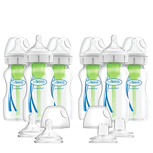 Dr. Brown’s Natural Flow® Anti-Colic Options+™ Wide Baby Bottles, 9 oz/270ml, with Level 1 Slow Flow Nipple, 6 Pack Plus 2 Bonus Level 2 Nipples and 2 Sippy Spouts