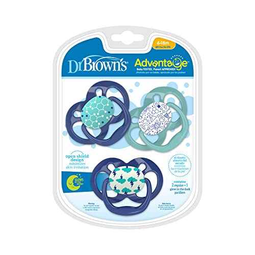 Dr. Brown's Advantage Symmetrical Pacifier with Air Flow, Blue Glow-in-the-Dark, 3-Pack, 6-18m