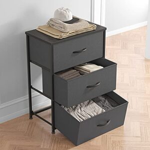 CubiCubi Dresser Nightstand for Bedroom, Small Kids Bedroom Fabric Tall Dresser 3 Drawer Storage Tower Organizer Unit for Hallway Entryway Closets, Steel Frame Wood Top, Black Grey