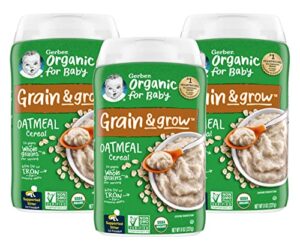 gerber organic for baby 1st foods grain & grow cereal, oatmeal cereal, made with whole grains & iron, usda organic & non-gmo, 8-ounce canister (pack of 3)