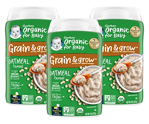 Gerber Organic for Baby 1st Foods Grain & Grow Cereal, Oatmeal Cereal, Made with Whole Grains & Iron, USDA Organic & Non-GMO, 8-Ounce Canister (Pack of 3)