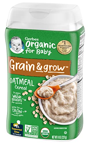 Gerber Organic for Baby 1st Foods Grain & Grow Cereal, Oatmeal Cereal, Made with Whole Grains & Iron, USDA Organic & Non-GMO, 8-Ounce Canister (Pack of 3)