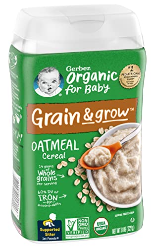 Gerber Organic for Baby 1st Foods Grain & Grow Cereal, Oatmeal Cereal, Made with Whole Grains & Iron, USDA Organic & Non-GMO, 8-Ounce Canister (Pack of 3)