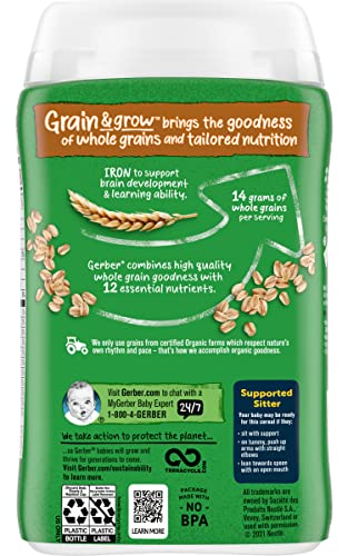 Gerber Organic for Baby 1st Foods Grain & Grow Cereal, Oatmeal Cereal, Made with Whole Grains & Iron, USDA Organic & Non-GMO, 8-Ounce Canister (Pack of 3)