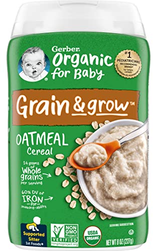 Gerber Organic for Baby 1st Foods Grain & Grow Cereal, Oatmeal Cereal, Made with Whole Grains & Iron, USDA Organic & Non-GMO, 8-Ounce Canister (Pack of 3)