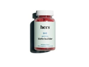 hers biotin builder gummy vitamins with vitamins b12 and b6, vitamin d, gluten free, no artificial sweeteners or flavors, wild cherry flavor, 30 count