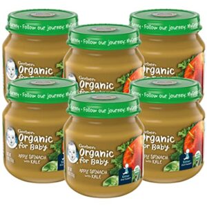 Gerber Organic for Baby 2nd Foods Baby Food Jar, Apple Spinach with Kale, USDA Organic & Non-GMO Pureed Baby Food for Sitters, 4-Ounce Glass Jar (Pack of 6)