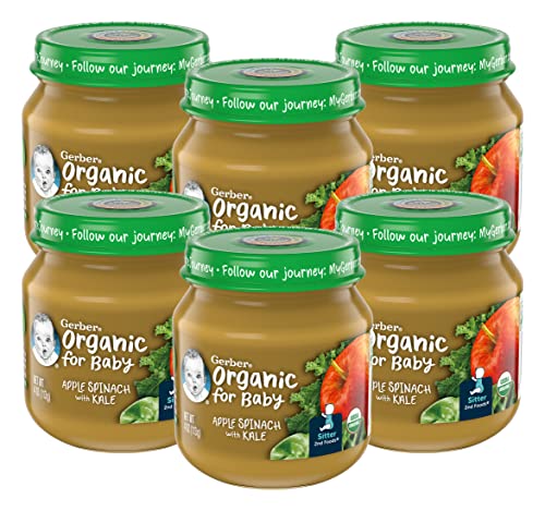 Gerber Organic for Baby 2nd Foods Baby Food Jar, Apple Spinach with Kale, USDA Organic & Non-GMO Pureed Baby Food for Sitters, 4-Ounce Glass Jar (Pack of 6)