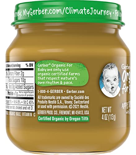 Gerber Organic for Baby 2nd Foods Baby Food Jar, Apple Spinach with Kale, USDA Organic & Non-GMO Pureed Baby Food for Sitters, 4-Ounce Glass Jar (Pack of 6)