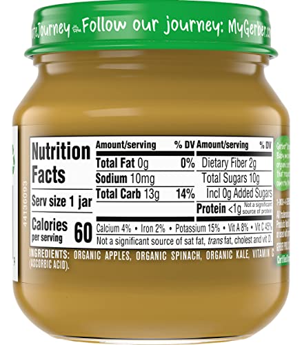 Gerber Organic for Baby 2nd Foods Baby Food Jar, Apple Spinach with Kale, USDA Organic & Non-GMO Pureed Baby Food for Sitters, 4-Ounce Glass Jar (Pack of 6)