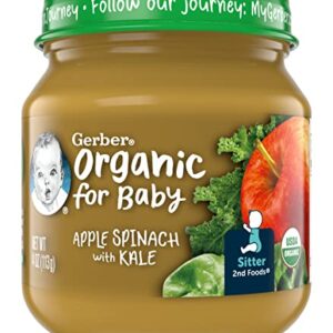 Gerber Organic for Baby 2nd Foods Baby Food Jar, Apple Spinach with Kale, USDA Organic & Non-GMO Pureed Baby Food for Sitters, 4-Ounce Glass Jar (Pack of 6)