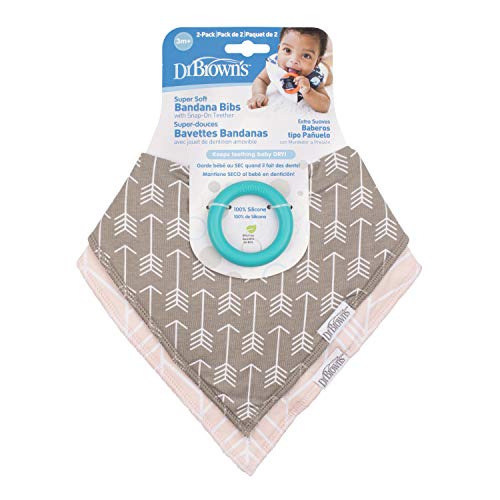 Dr. Brown's Super Soft & Absorbent Baby Bandana Bib with Snap-On Teether, 3m+, 2-Pack, Arrows & Herringbone