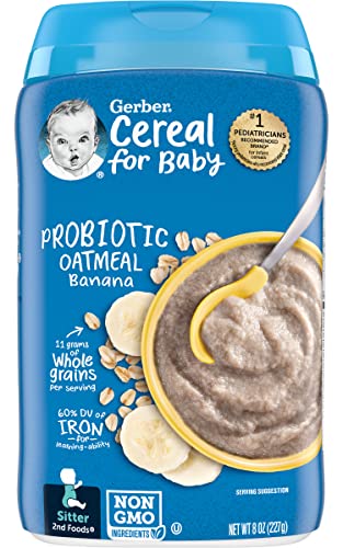 Gerber Cereal for Baby 2nd Foods Cereal, Probiotic Oatmeal Banana Cereal, Made with Whole Grains, Real Fruit & Probiotics, 8-Ounce Canister (Pack of 3)