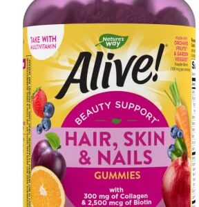 Nature’s Way Alive! Hair, Skin & Nails Gummies, Collagen & Biotin, Antioxidant Vitamins C & E, Strawberry Flavored, 60 Gummies