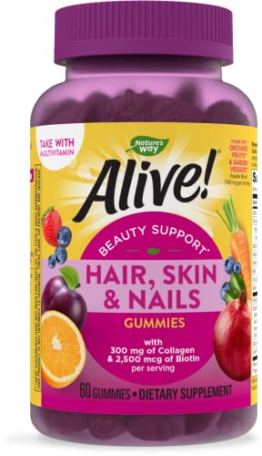 Nature’s Way Alive! Hair, Skin & Nails Gummies, Collagen & Biotin, Antioxidant Vitamins C & E, Strawberry Flavored, 60 Gummies