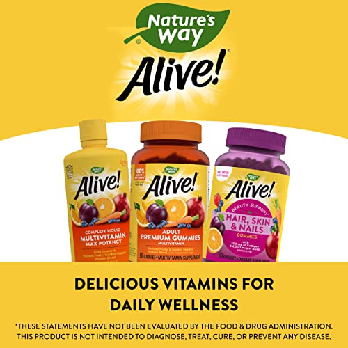 Nature’s Way Alive! Hair, Skin & Nails Gummies, Collagen & Biotin, Antioxidant Vitamins C & E, Strawberry Flavored, 60 Gummies