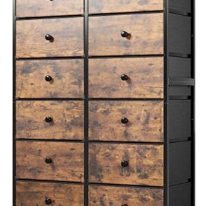 EnHomee 12 Drawer Dresser, Tall Dressers for Bedroom, Large Fabric Dressers & Chests of Drawers for Bedroom Living Room Closet Dresser with Wood Top and Metal Frame, Rustic Brown, 34.6"Wx11.8"Dx52.3"H