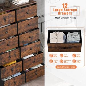 EnHomee 12 Drawer Dresser, Tall Dressers for Bedroom, Large Fabric Dressers & Chests of Drawers for Bedroom Living Room Closet Dresser with Wood Top and Metal Frame, Rustic Brown, 34.6"Wx11.8"Dx52.3"H