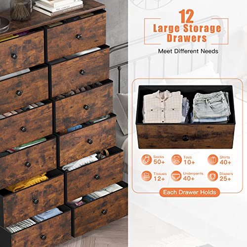 EnHomee 12 Drawer Dresser, Tall Dressers for Bedroom, Large Fabric Dressers & Chests of Drawers for Bedroom Living Room Closet Dresser with Wood Top and Metal Frame, Rustic Brown, 34.6"Wx11.8"Dx52.3"H