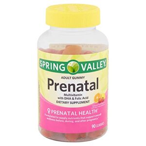 prenatal gummy vitamins including womens multivitamin with dha and folic acid 800 mcg and vitamin a, b-6, c, d, e (90 ct) from spring valley and bonus prenatal info guide