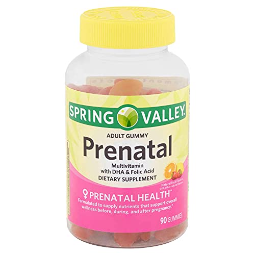 Prenatal Gummy Vitamins Including Womens Multivitamin with DHA and Folic Acid 800 mcg and Vitamin A, B-6, C, D, E (90 ct) from Spring Valley and Bonus Prenatal Info Guide