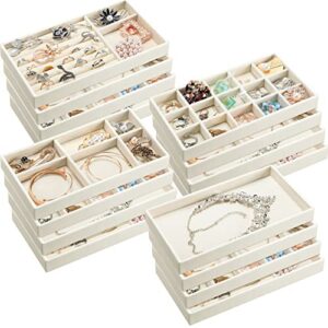 16 pcs small stackable jewelry organizer trays for drawers, 8.3x5x1 inch small velvet jewelry closet dresser inserts divider rings earring storage display gift for women girl wedding birthday (beige)