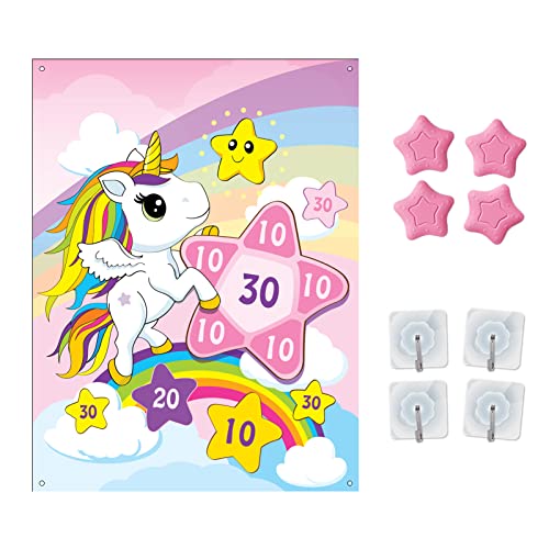 Unicorn Dart Game Set - Throwing Dart Board for Kids with 4 Foam Star Darts and 4 Hook, Indoor/Sport Outdoor Fun Family Game Toys