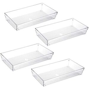 4 pack 12″x 6″ large size clear plastic desk drawer organizer tray bathroom office kitchen utensils silverware gadgets dividers desk drawer storage bins container for dresser cosmetic makeup