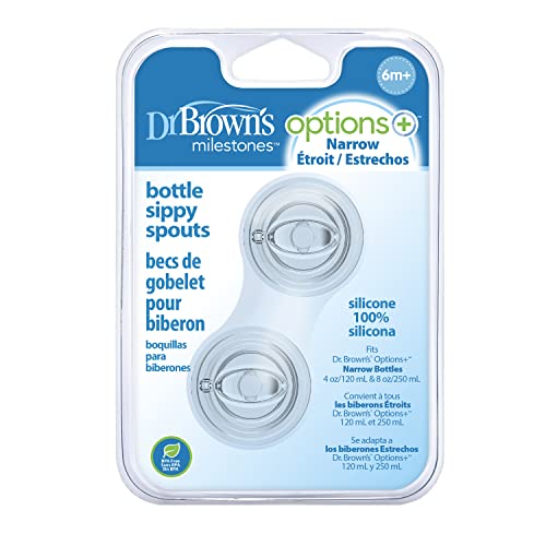 Dr. Brownâ€™s® Milestonesâ„¢ Options+â„¢ Sippy Spouts, Narrow, Soft 100% Silicone Baby Bottle Sippy Spout, 6m+ , 2 Count (Pack of 1)