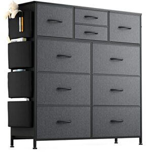 lulive 10 drawer dresser, chest of drawers for bedroom with side pockets and hooks, fabric storage dresser, sturdy steel frame, wood top, organizer unit for nursery, hallway, closet (dark grey)