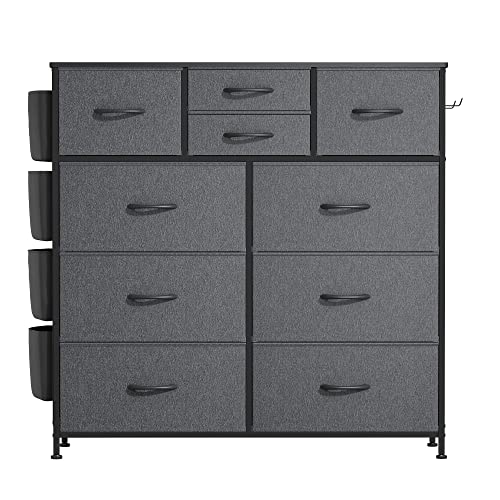 Lulive 10 Drawer Dresser, Chest of Drawers for Bedroom with Side Pockets and Hooks, Fabric Storage Dresser, Sturdy Steel Frame, Wood Top, Organizer Unit for Nursery, Hallway, Closet (Dark Grey)