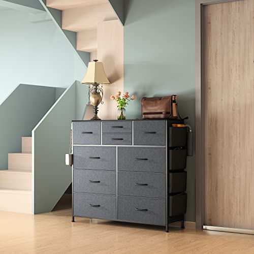 Lulive 10 Drawer Dresser, Chest of Drawers for Bedroom with Side Pockets and Hooks, Fabric Storage Dresser, Sturdy Steel Frame, Wood Top, Organizer Unit for Nursery, Hallway, Closet (Dark Grey)