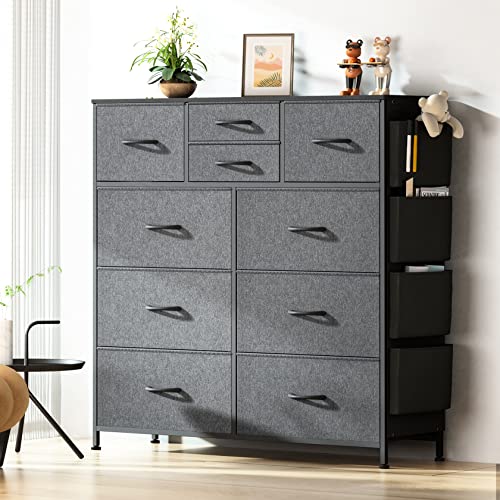 Lulive 10 Drawer Dresser, Chest of Drawers for Bedroom with Side Pockets and Hooks, Fabric Storage Dresser, Sturdy Steel Frame, Wood Top, Organizer Unit for Nursery, Hallway, Closet (Dark Grey)