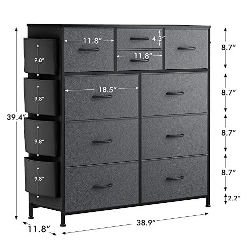 Lulive 10 Drawer Dresser, Chest of Drawers for Bedroom with Side Pockets and Hooks, Fabric Storage Dresser, Sturdy Steel Frame, Wood Top, Organizer Unit for Nursery, Hallway, Closet (Dark Grey)