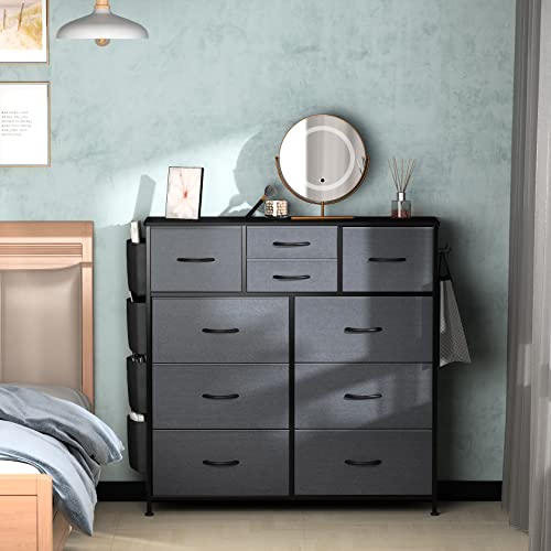 Lulive 10 Drawer Dresser, Chest of Drawers for Bedroom with Side Pockets and Hooks, Fabric Storage Dresser, Sturdy Steel Frame, Wood Top, Organizer Unit for Nursery, Hallway, Closet (Dark Grey)