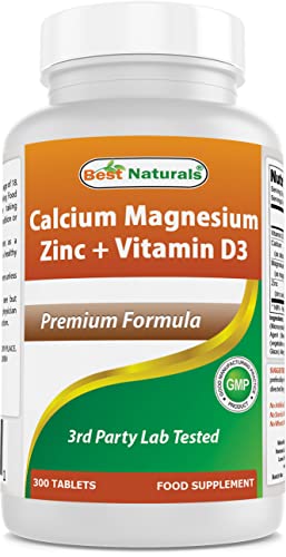 Best Naturals Calcium Magnesium Zinc with Vitamin D3, 300 Tablets - Calcium 1000 mg, Magnesium 400 mg, Zinc 25 mg & D3 600 IU per Serving (3 Tablets)