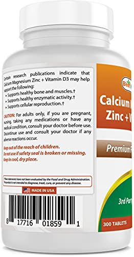 Best Naturals Calcium Magnesium Zinc with Vitamin D3, 300 Tablets - Calcium 1000 mg, Magnesium 400 mg, Zinc 25 mg & D3 600 IU per Serving (3 Tablets)