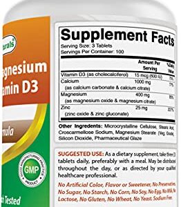 Best Naturals Calcium Magnesium Zinc with Vitamin D3, 300 Tablets - Calcium 1000 mg, Magnesium 400 mg, Zinc 25 mg & D3 600 IU per Serving (3 Tablets)