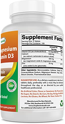 Best Naturals Calcium Magnesium Zinc with Vitamin D3, 300 Tablets - Calcium 1000 mg, Magnesium 400 mg, Zinc 25 mg & D3 600 IU per Serving (3 Tablets)