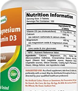 Best Naturals Calcium Magnesium Zinc with Vitamin D3, 300 Tablets - Calcium 1000 mg, Magnesium 400 mg, Zinc 25 mg & D3 600 IU per Serving (3 Tablets)