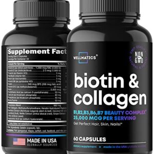 Biotin Capsules with Collagen and Keratin - 25000MCG Per Serving - Biotin Vitamins for Hair, Skin and Nails - Premium Biotin Supplement for Hair Growth for Women and Men - Metabolism Support - 60 Caps