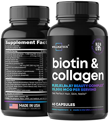 Biotin Capsules with Collagen and Keratin - 25000MCG Per Serving - Biotin Vitamins for Hair, Skin and Nails - Premium Biotin Supplement for Hair Growth for Women and Men - Metabolism Support - 60 Caps