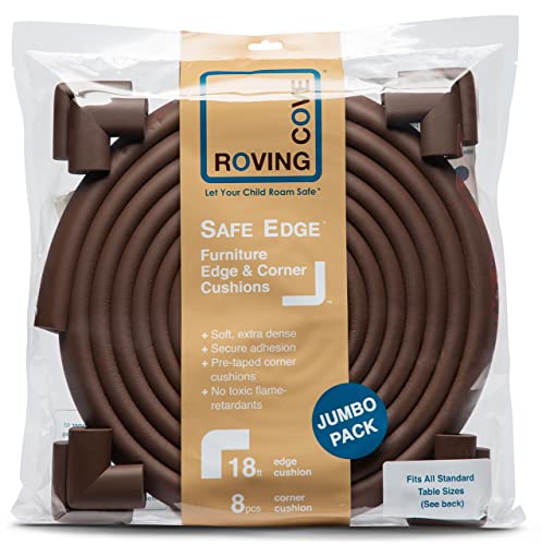 RovingCove Edge Corner Protector Baby Proofing (Large 18ft Edge 8 Corners), Hefty-Fit Heavy-Duty, Soft NBR Rubber Foam, Furniture Fireplace Safety Corner Edge Bumper Guard, 3M Adhesive, Coffee Brown