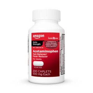 amazon basic care extra strength pain relief, acetaminophen caplets, 500 mg, 200 count