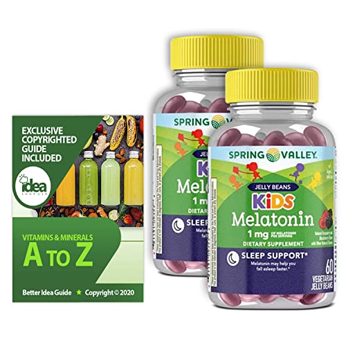 Spring Valley Kids Melatonin, 1 mg Vegetarian Jelly Beans Supplement, 60 Ct (2 Pack) Bundle with Exclusive Vitamins & Minerals - A to Z - Better Idea Guide (3 Items)